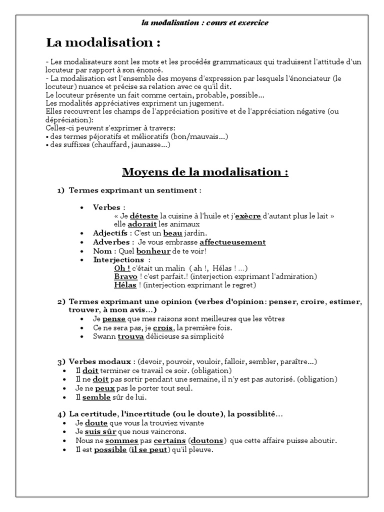 Cours et exercices sur la modalisation | PDF | Verbe | Mécanique du langage