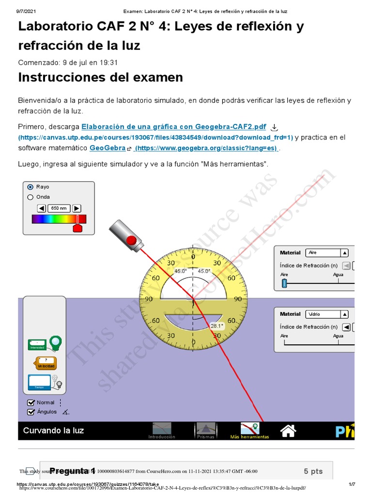 Examen Laboratorio CAF 2 N 4 Leyes de Reflexi N y Refracci N de La Luz PDF | PDF | Reflexión ...