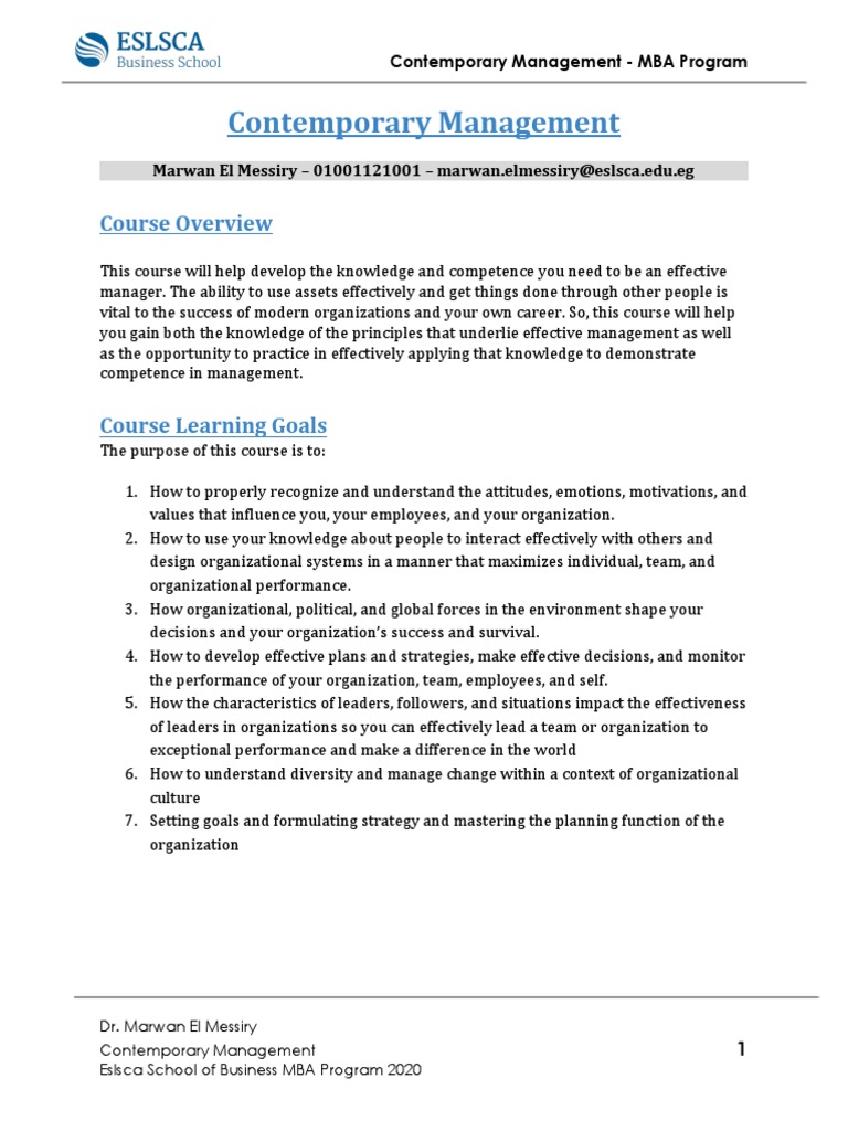 Contemporary Management MBA Course | PDF | Test (Assessment ...