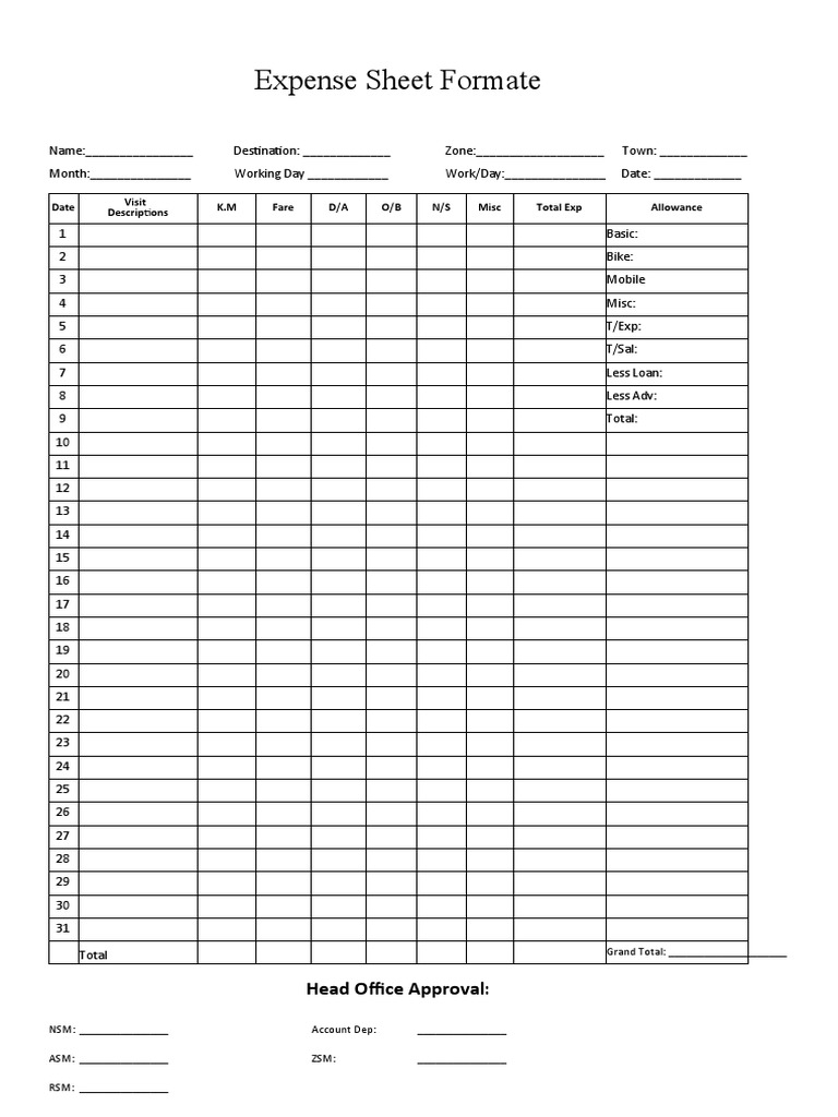 Expense Sheet Formate: Head Office Approval | PDF