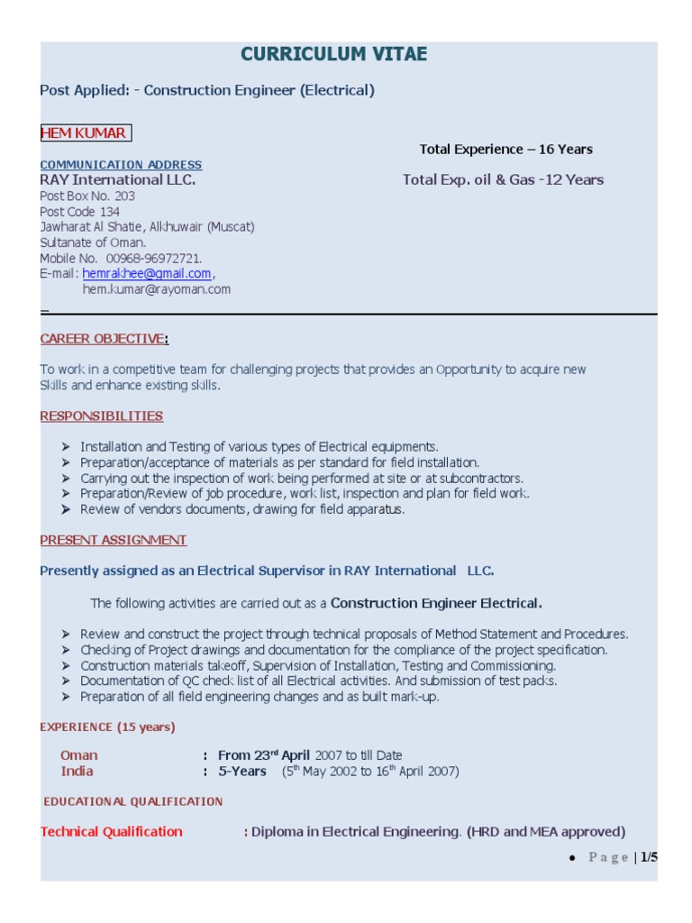 CV For Elec. Eng | PDF | Electrical Wiring | Engineering