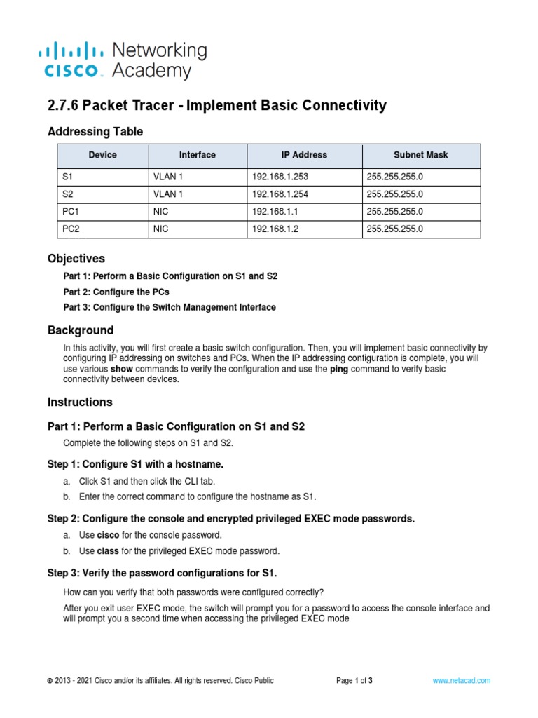 2.7.6 Packet Tracer - Implement Basic Connectivity | PDF | Ip Address | Command Line Interface
