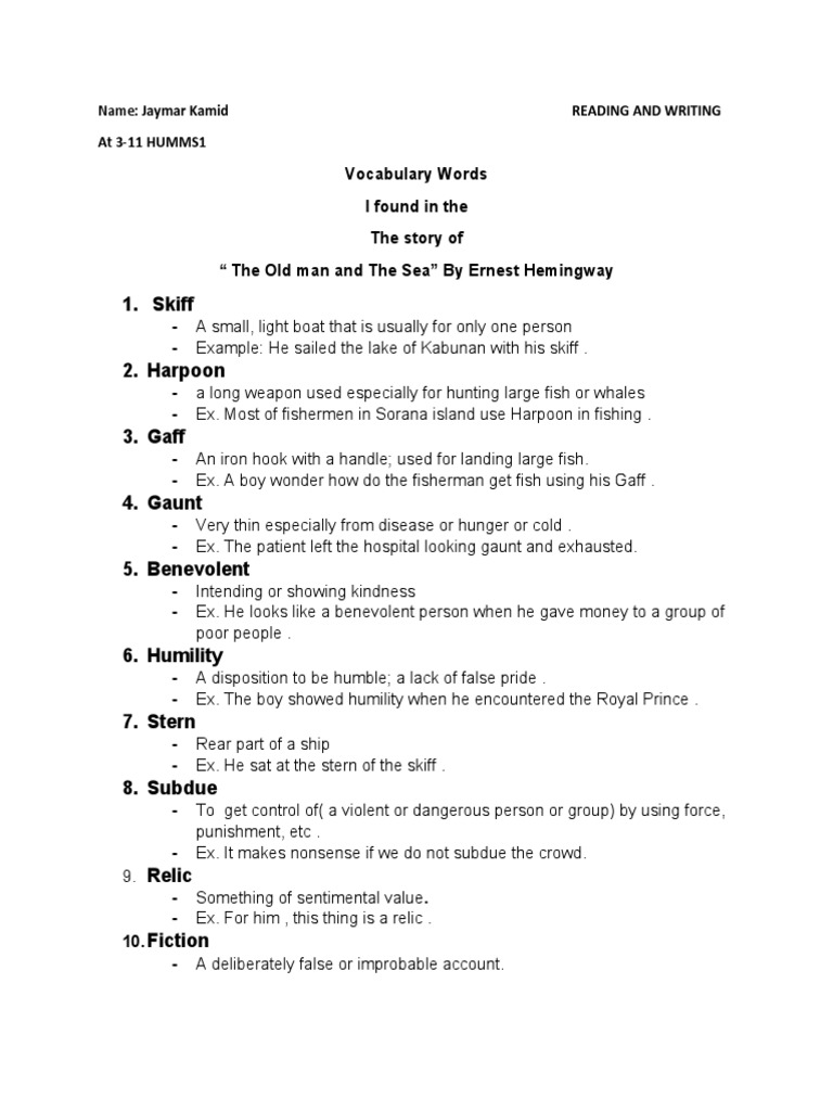 Vocabulary Words I Found in The Epic Story, The Old Man and The Sea by ...