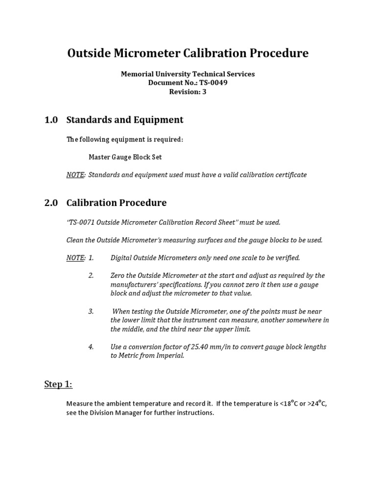 Outside Micrometer Calibration Procedure: 1.0 Standards and Equipment ...