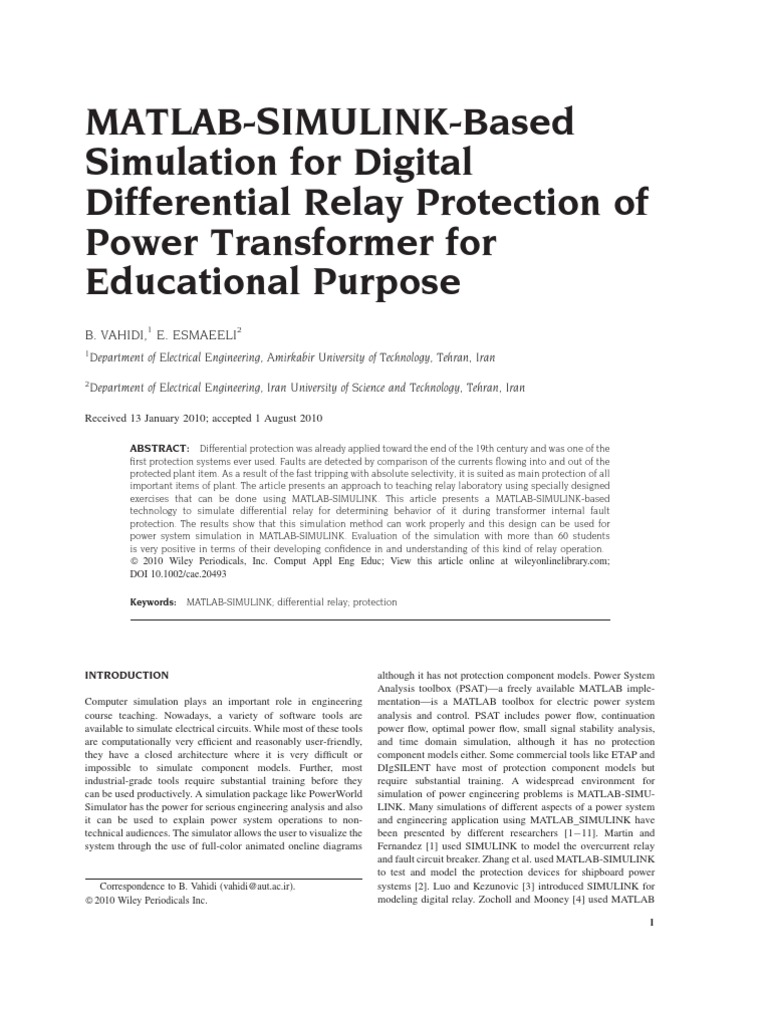 Matlab Simulink Simulation For Digital Differential Relay Protection