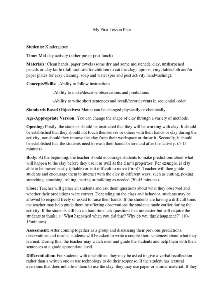My First Lesson Plan Kindergarten PDF Teachers Clay