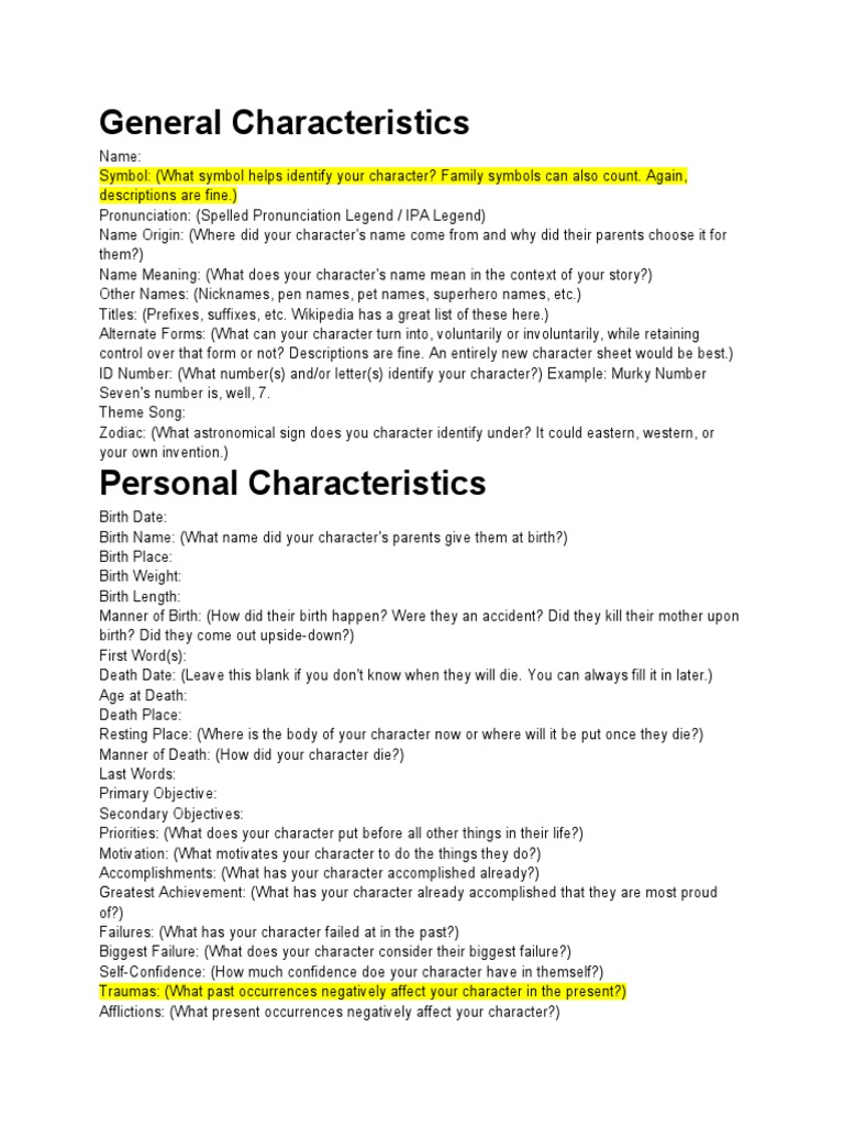 Comprehensive Character Profile Template | PDF | Hair | Handedness