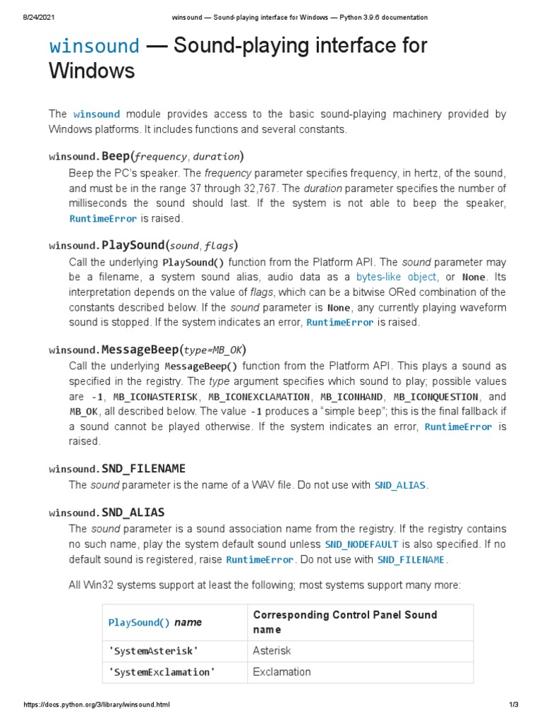 Winsound - Sound-Playing Interface For Windows - Python 3.9.6 Documentation | PDF | Parameter ...