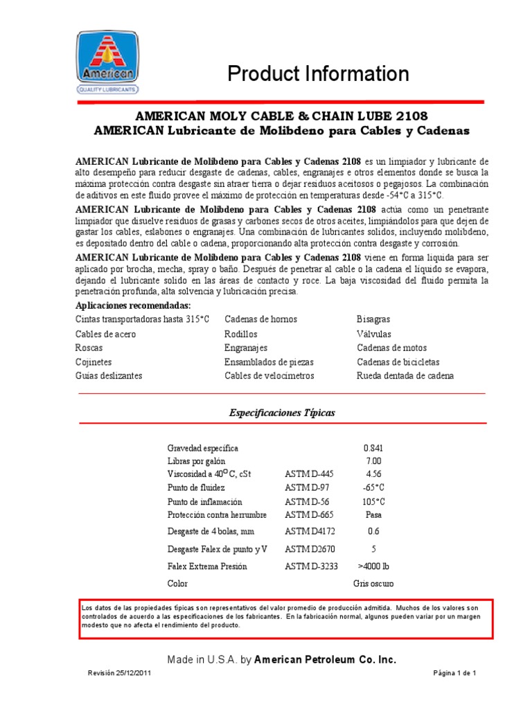 American Moly Cable & Chain Lube 2108 | PDF | Lubricante | Engranaje