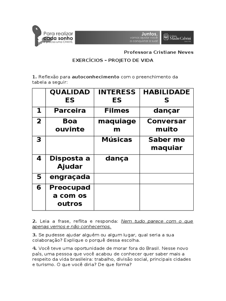 Projeto De Vida Tabela De Autoconhecimento Gabi Pdf