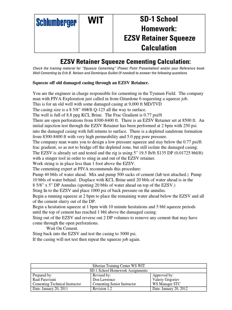 SD-1 School Homework: EZSV Retainer Squeeze Calculation | PDF | Casing ...