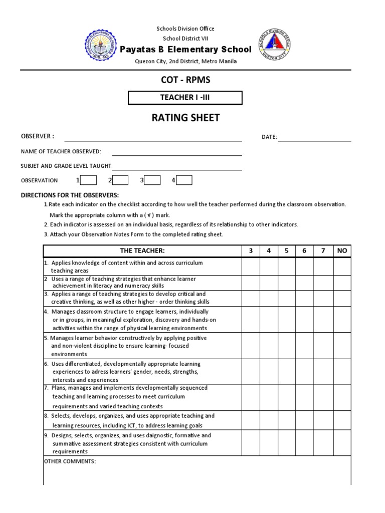 Cot Observation Rating Sheet | PDF | Curriculum | Learning