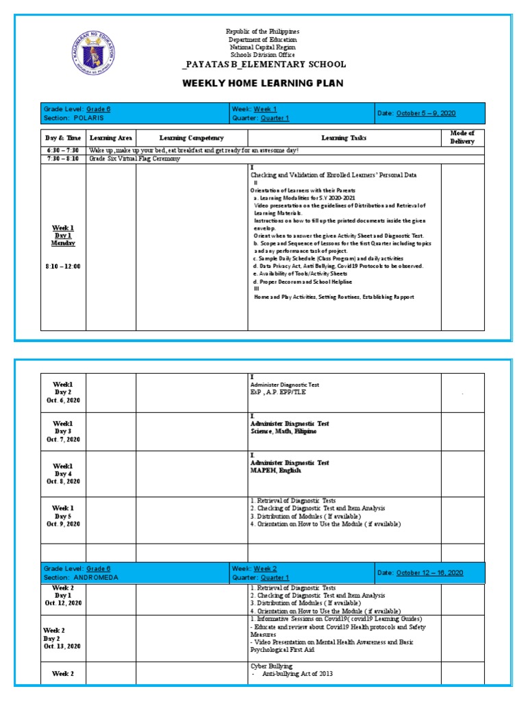 Oregila Weekly Home Learning Plan q1w1 | Download Free PDF | Learning | Applied Psychology