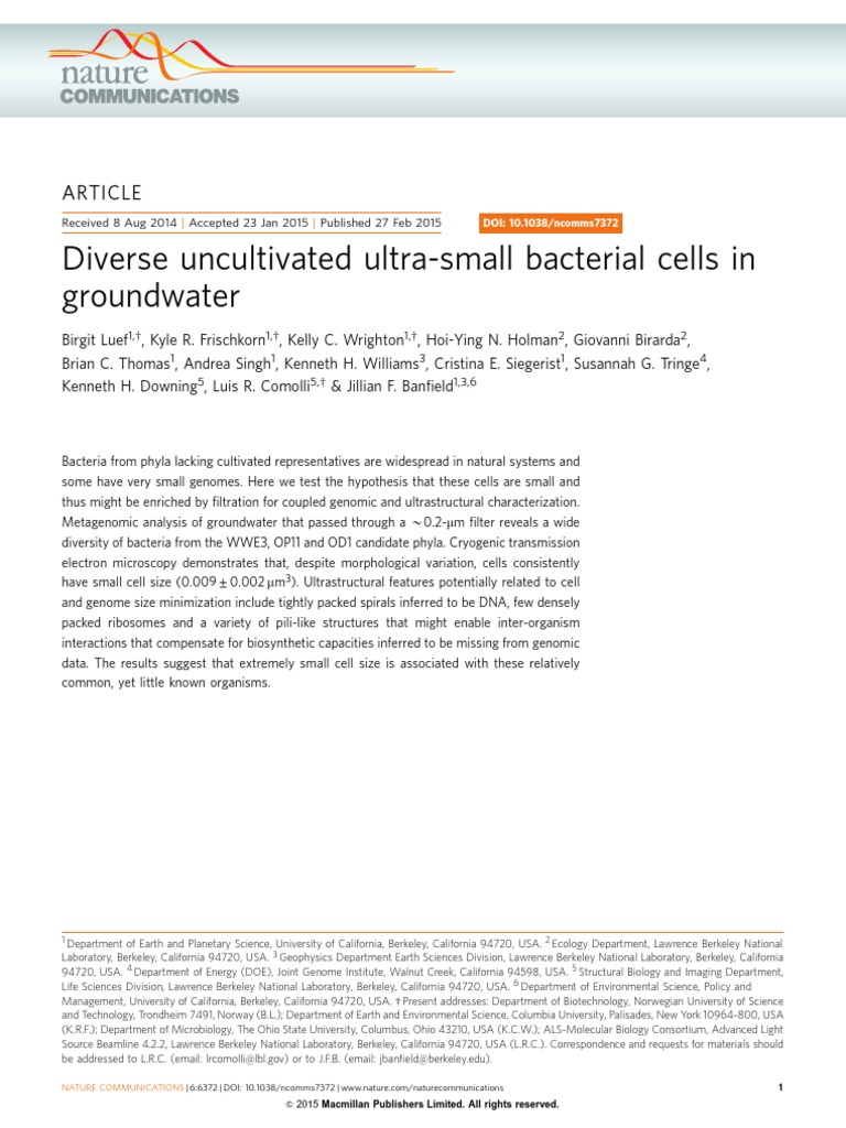 Ultra-Small Bacterial Diversity in Groundwater | PDF | Bacteria | Cell ...
