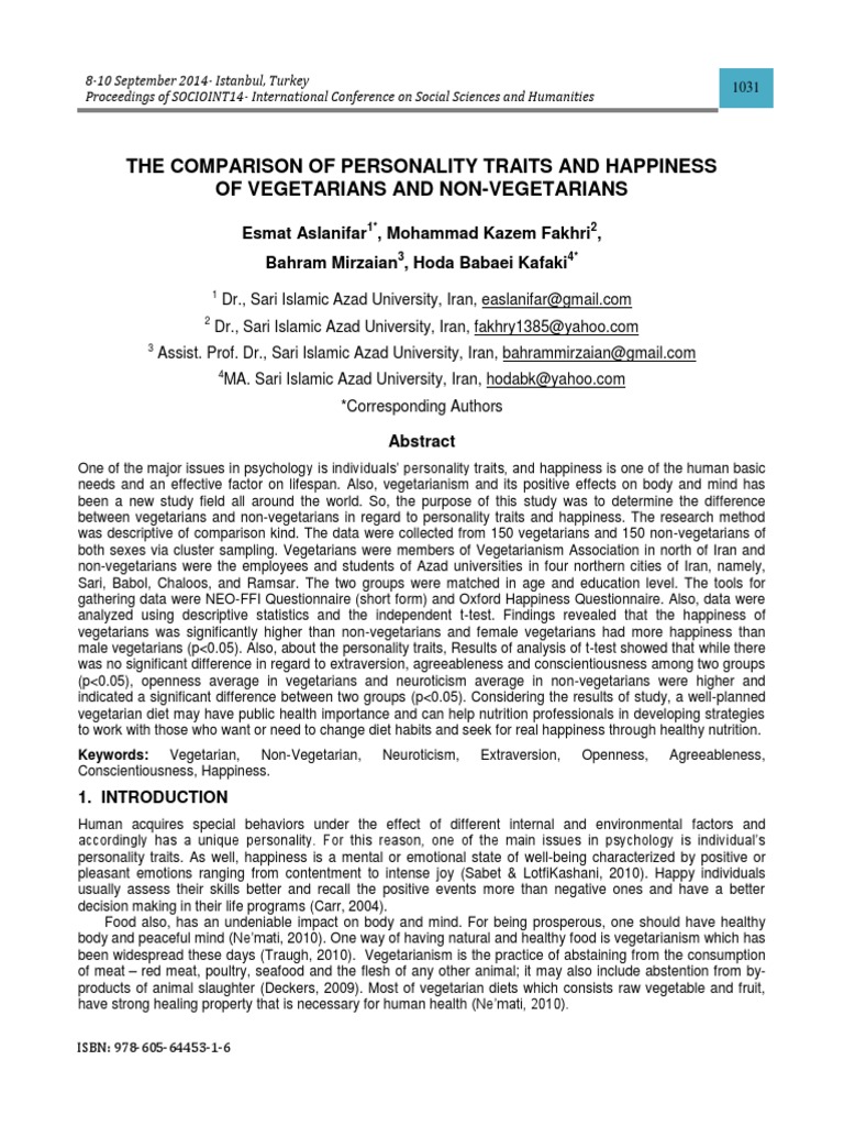 The Comparison of Personality Traits and Happiness of Vegetarians and Non-Vegetarians | PDF ...