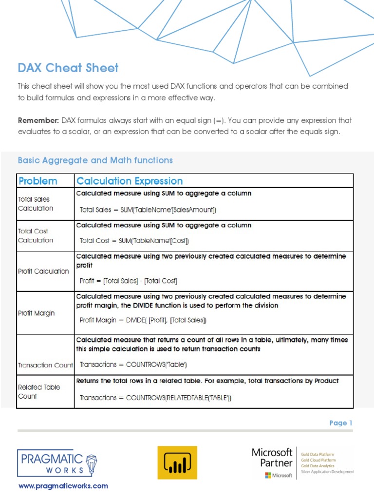 DAX Cheat Sheet: Basic Aggregate and Math Functions | PDF | Moving Average | Investing
