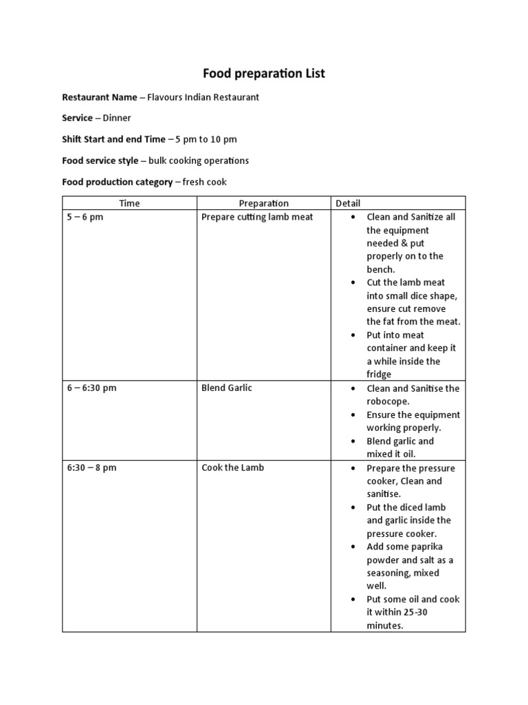 Dinner Prep Guide for Chefs | PDF | Foods | Cooking