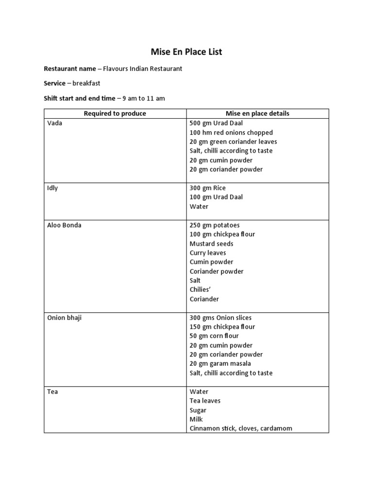 Mise en Place List - Breakfast | PDF
