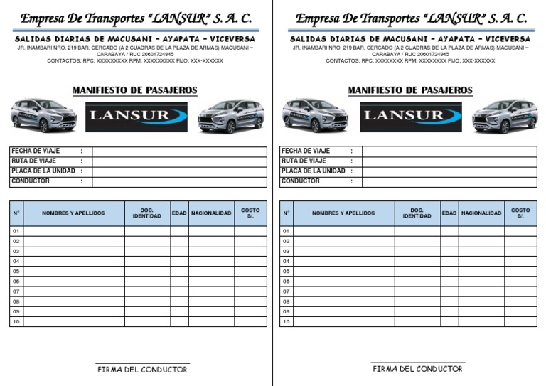 Manifiesto Pasajeros Lansur | PDF