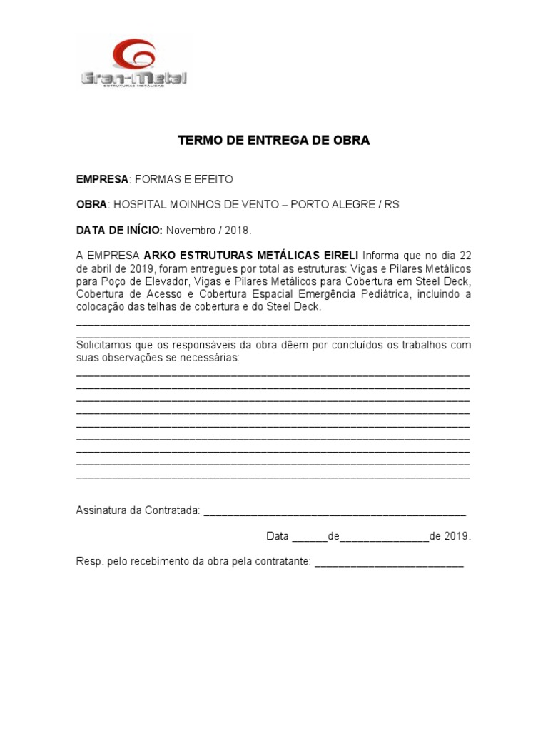 Termo de Entrega de Obra | PDF