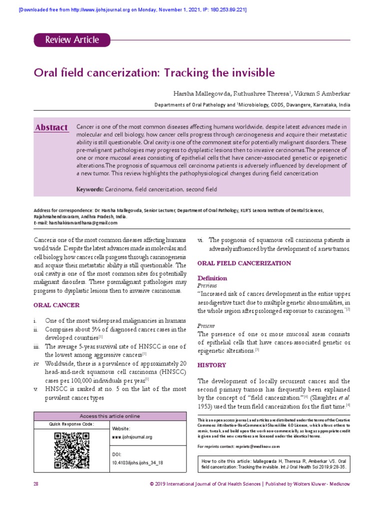 Oral Field Cancerization IntJOralHealthSci9128-4940227 012220 | PDF ...