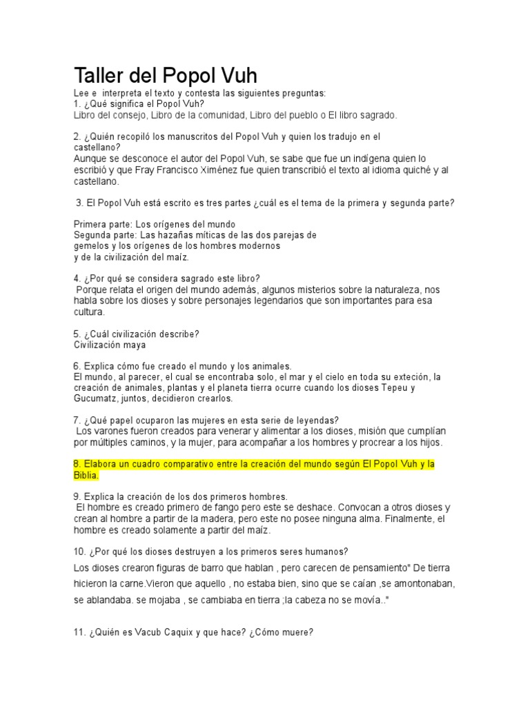 Taller Resuelto del Popol Vuh | PDF