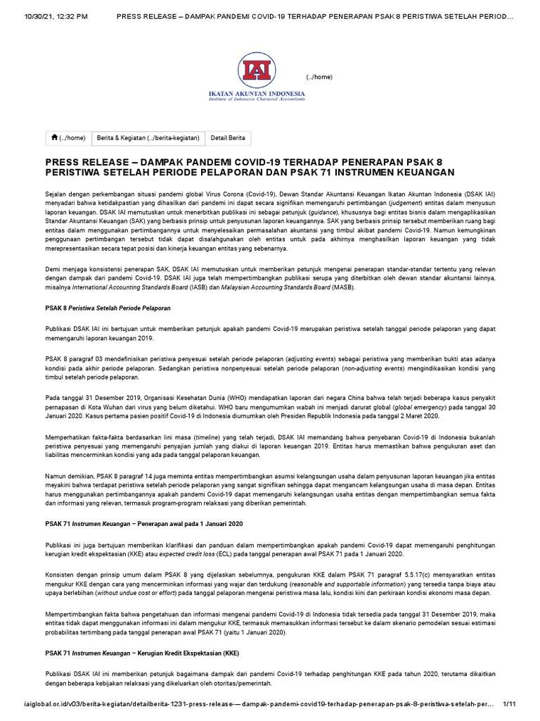 Press Release - Dampak Pandemi Covid-19 Terhadap Penerapan Psak 8 ...