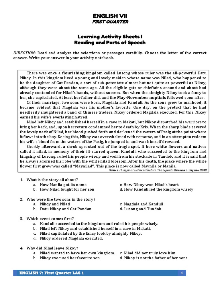 Q1 LAS1 Reading and Parts of Speech | PDF | Language Mechanics | Part ...