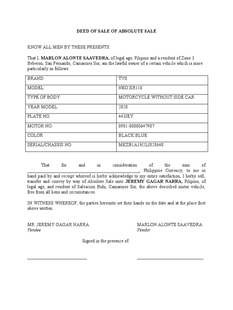 Deed of Sale of Absolute Sale | PDF