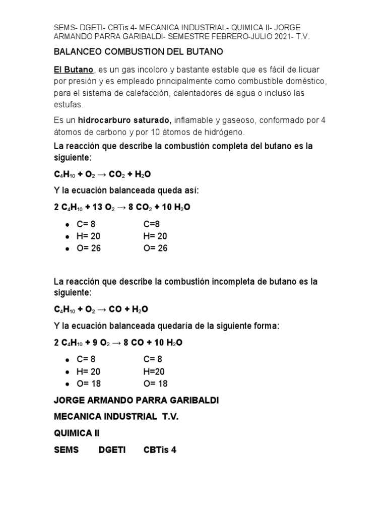 Balanceo Combustion Del Butano | PDF