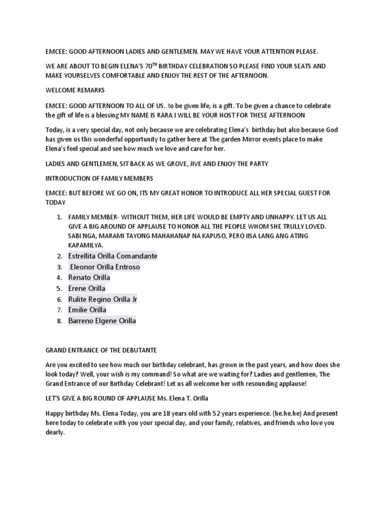 Elena's 70th Birthday Host Script | PDF | Observances | Birthdays