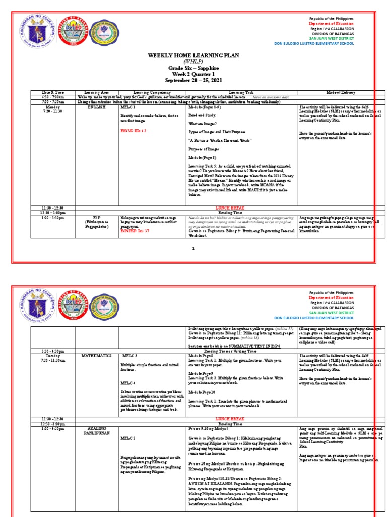 Weekly Home Learning Plan Grade Six - Sapphire Week 2 Quarter 1 ...