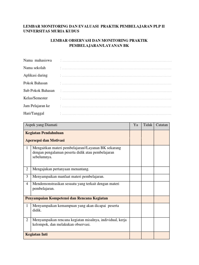 Lembar Monitoring Dan Evaluasi Praktik Pembelajaran PLP Ii Universitas Muria Kudus | PDF