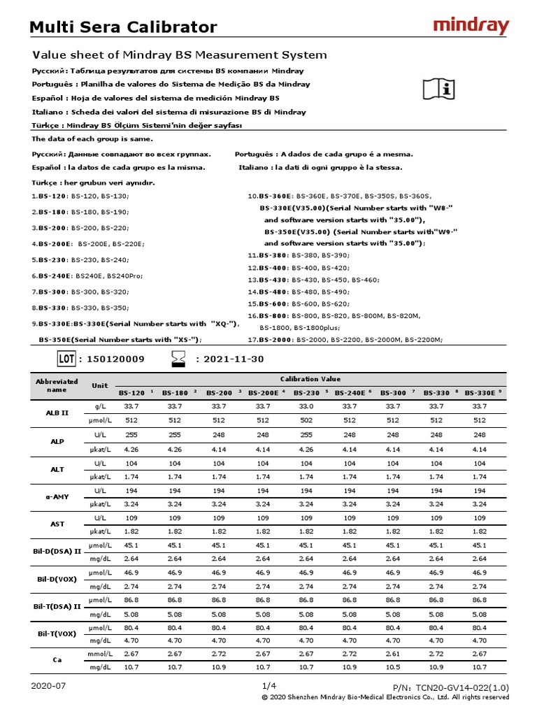 Multi Sera Calibrator: Value Sheet of Mindray BS Measurement System ...