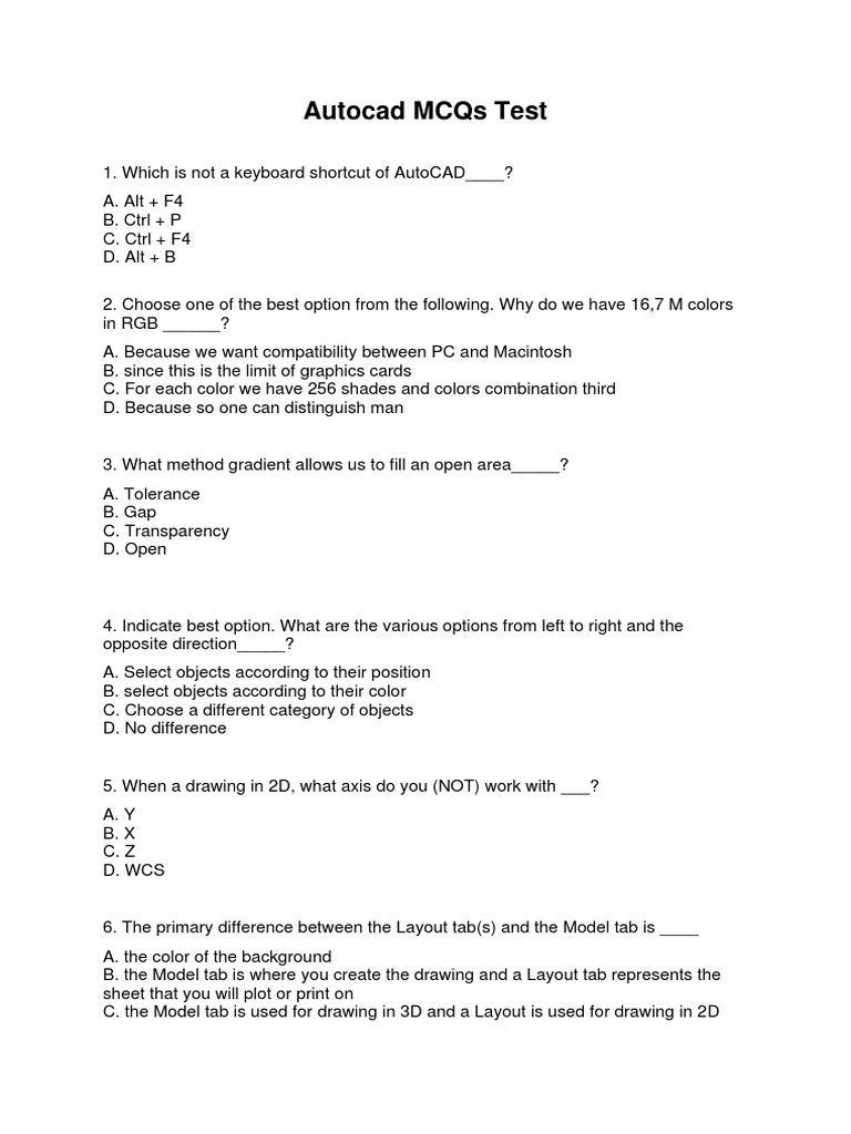 Autocad MCQs for Civil Engineering Exam | PDF | Auto Cad | Control Key