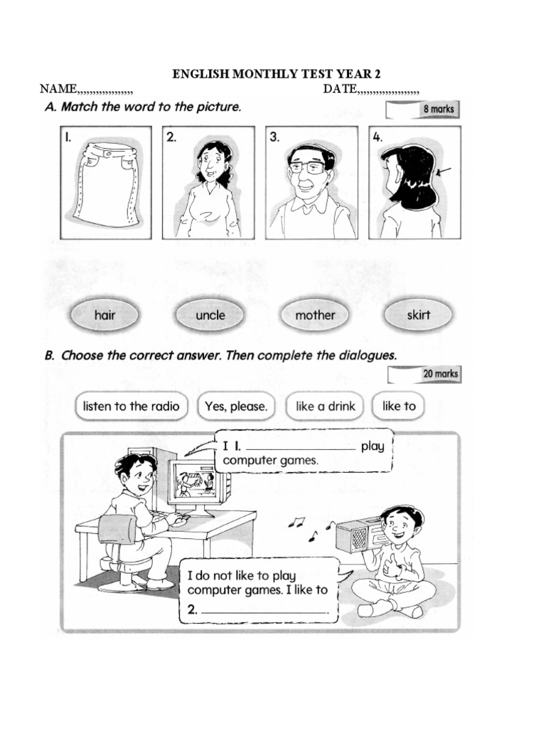 Year 2 English Monthly Test Paper | PDF