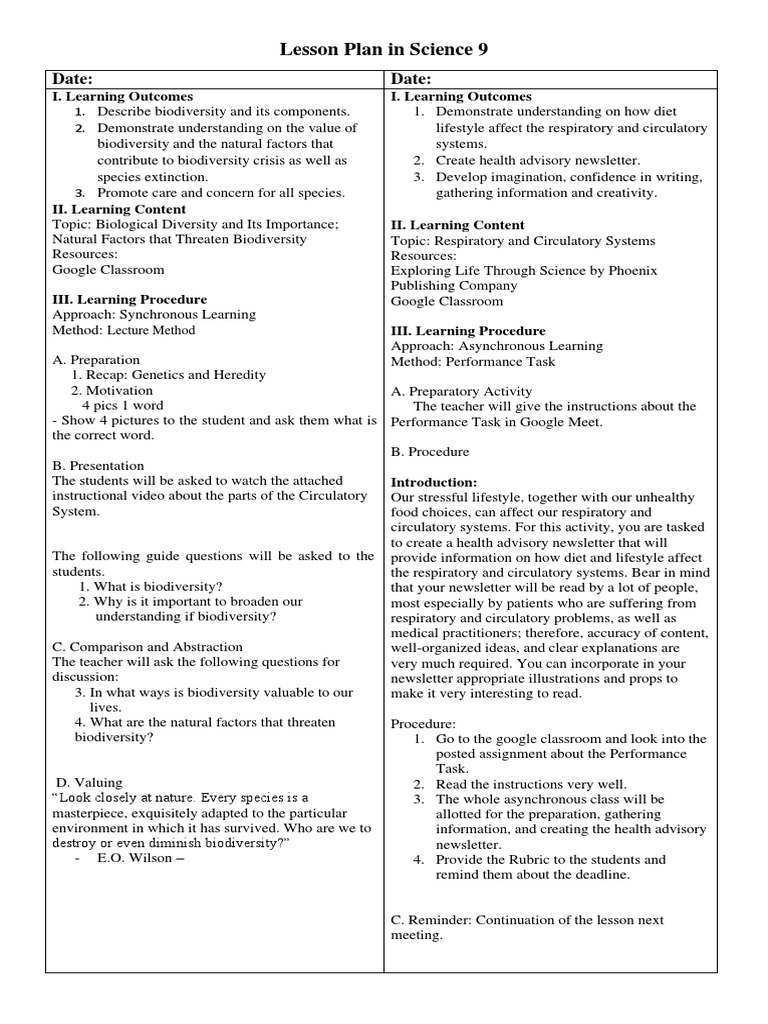 Lesson Plan 1 | PDF | Biodiversity | Learning