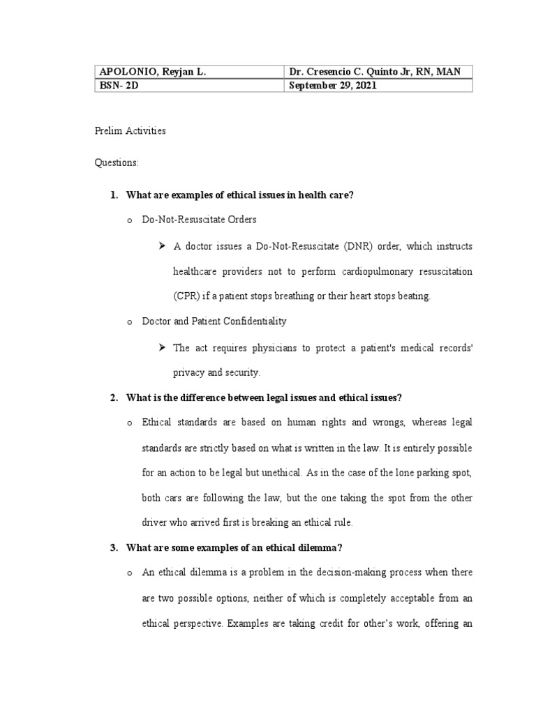 Bioethics Prelim Activities - Apolonio, Reyjan L. | PDF | Medical Ethics | Applied Ethics
