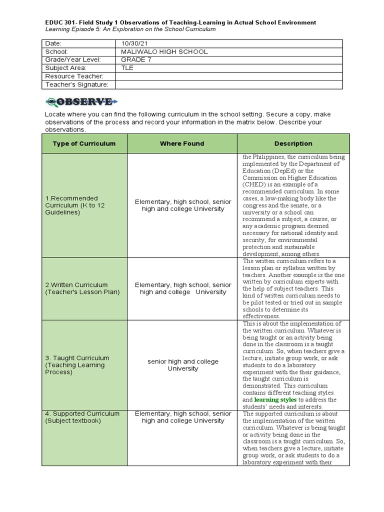 Type of Curriculum Where Found Description: Learning Episode 5: An ...