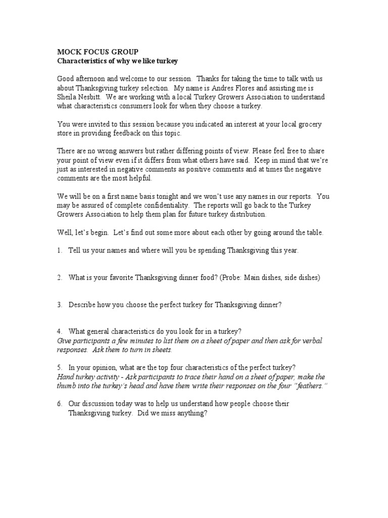 Mock Focus Group Characteristics of Why We Like Turkey | PDF | Focus ...