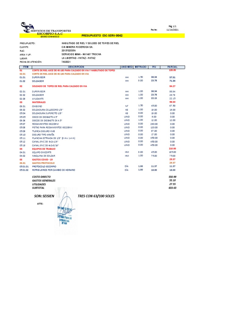 Ppto Esc0042 - Habilitado de Riel y Soldeo de Topes - Nv. 1467 - Trocha | PDF | Ingeniería ...