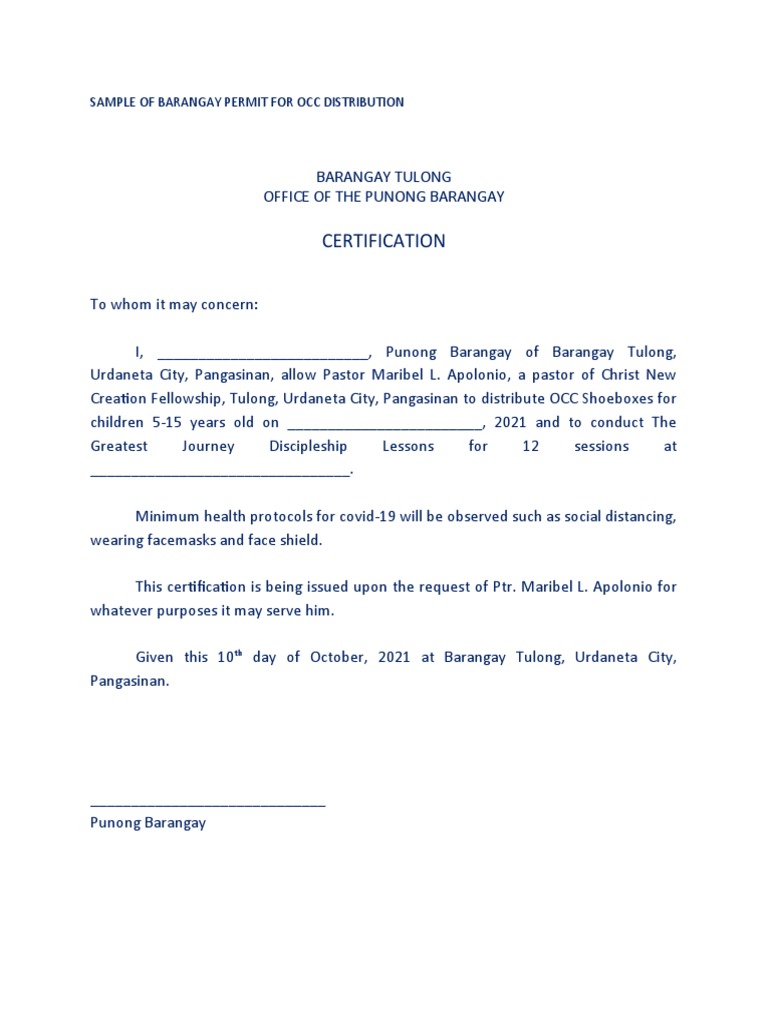 Sample of Barangay Permit For Occ Distribution | PDF