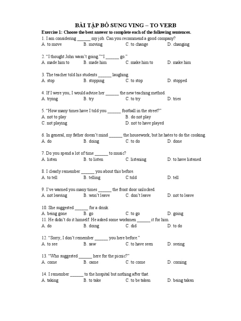 Ving - To Verb Exercise Solutions | PDF