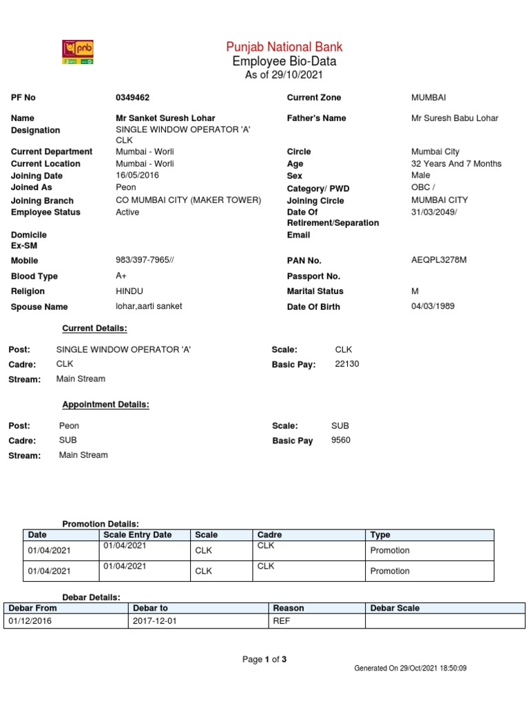 Employee Bio-Data: Punjab National Bank | PDF | Justice | Crime & Violence
