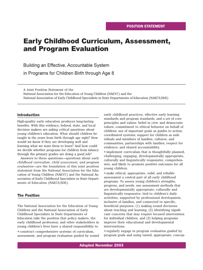Early Childhood Curriculum, Assessment, and Program Evaluation | Download Free PDF | Educational ...