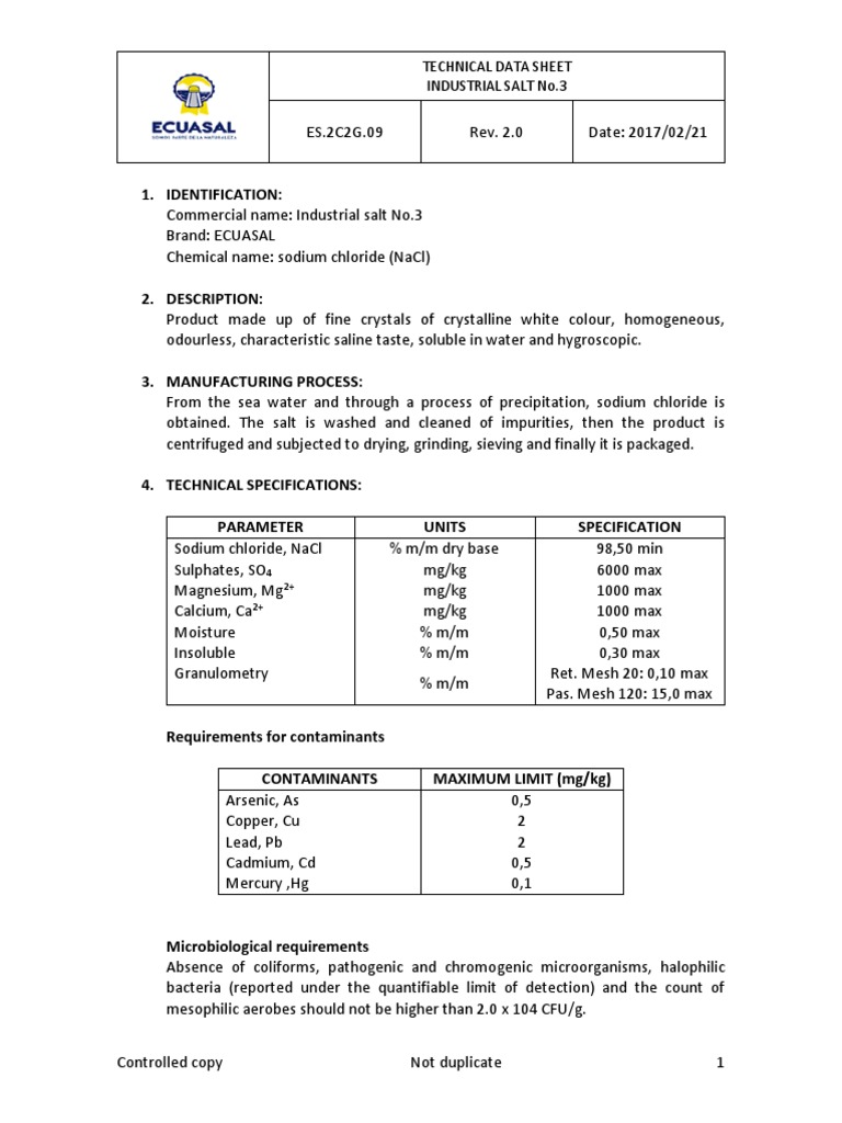 Industrial Salt No.3 Technical Data Sheet | PDF | Sodium Chloride | Salt