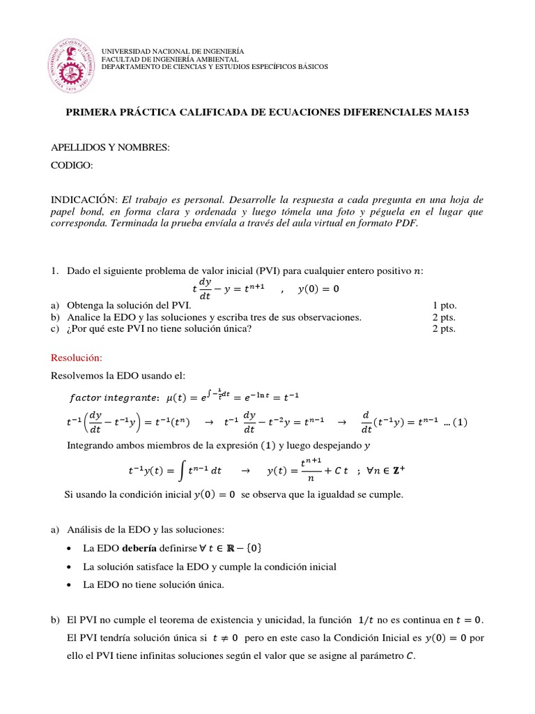 PC1 2020 - 2 Ed (Solucionario) | PDF | Ecuaciones | Integral