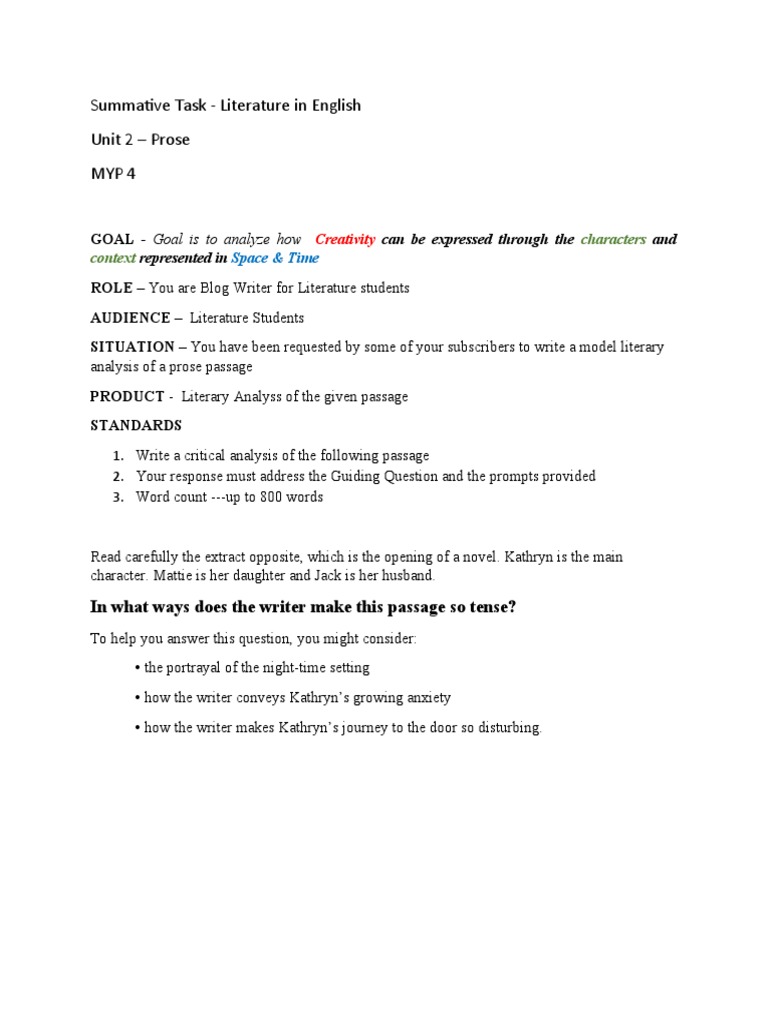 Summative Task - Literature in English Unit 2 - Prose Myp 4: Can Be ...
