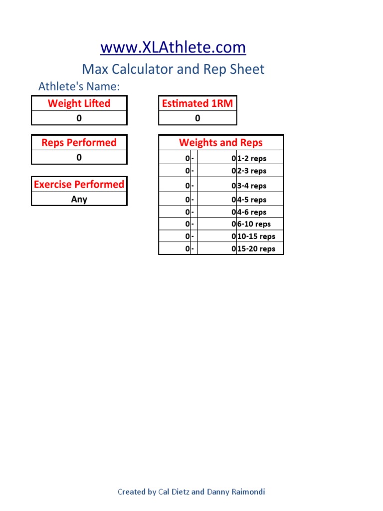 Max Calculator and Rep Sheet: Athlete's Name | PDF | Anatomical Terms ...