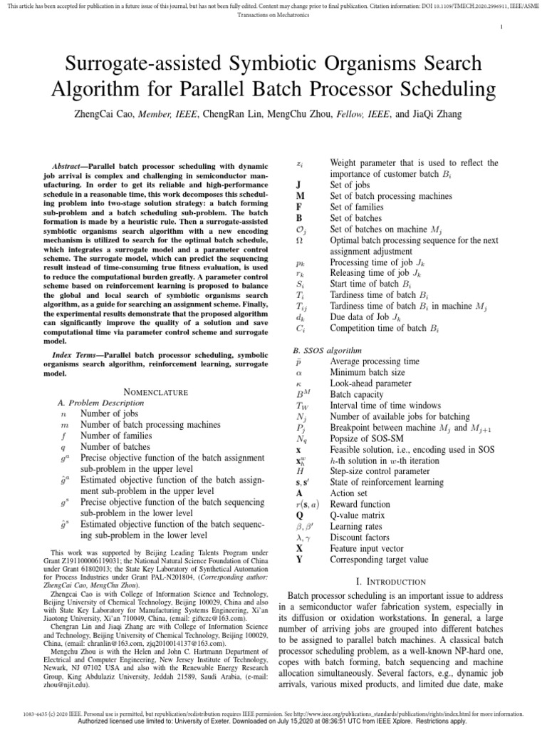 Surrogate-Assisted Symbiotic Organisms Search Algorithm For Parallel Batch Processor Scheduling ...